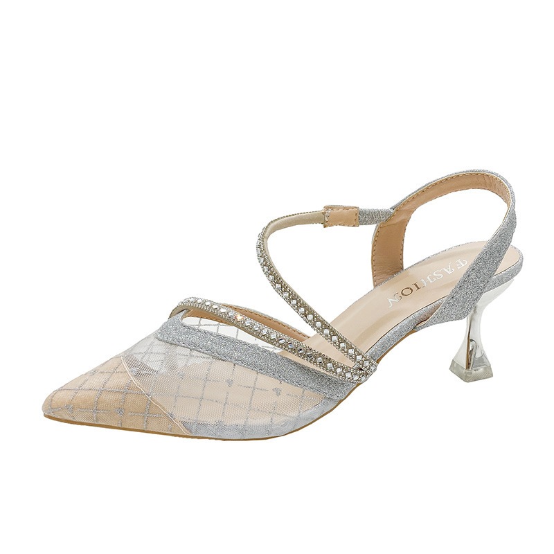 LYS Fashion high-heeled sandals rhinestone pointed toe mesh stiletto ...