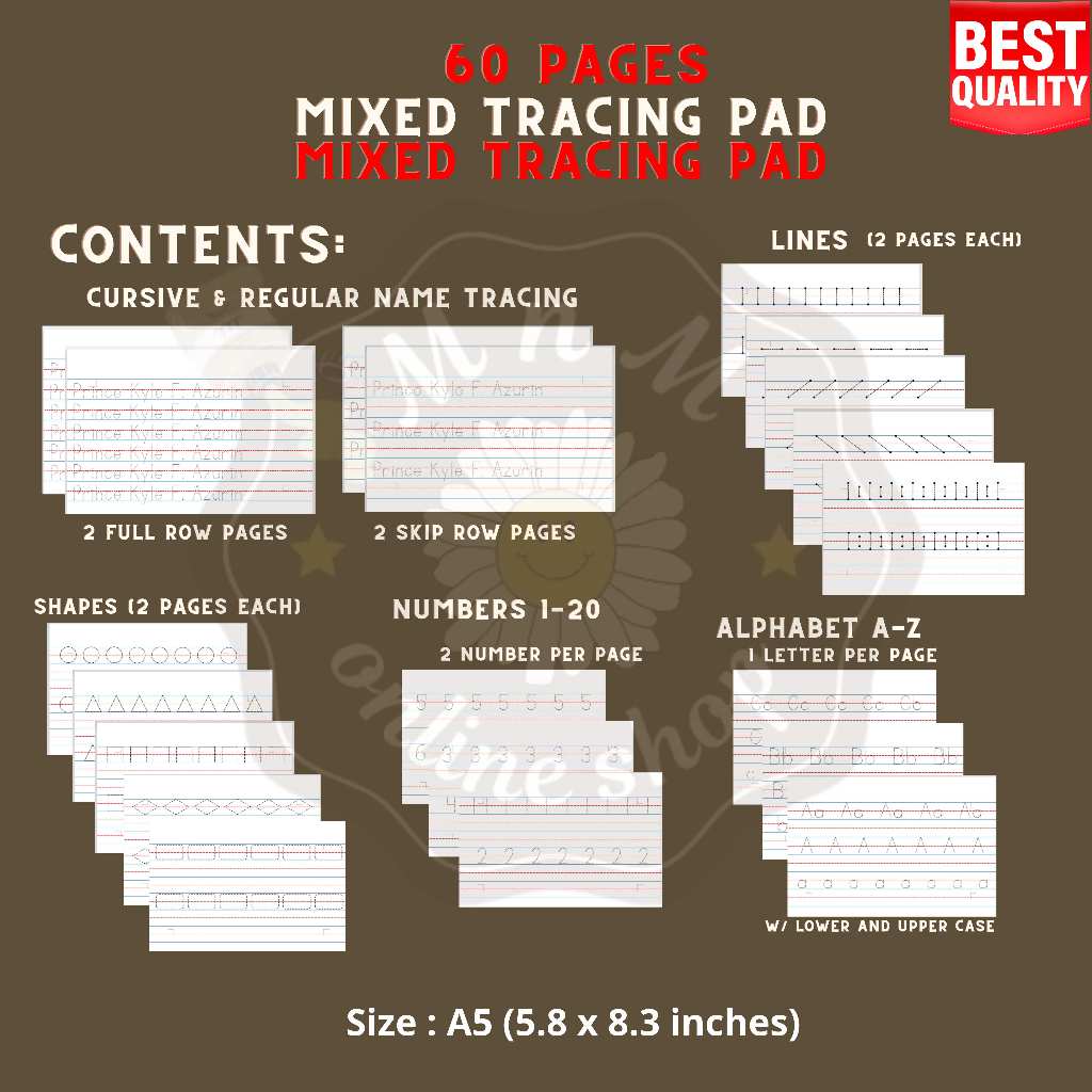 60pages Tracing MIXED pad (Name,Lines,1-20 Numbers, Alphabet A-Z ...