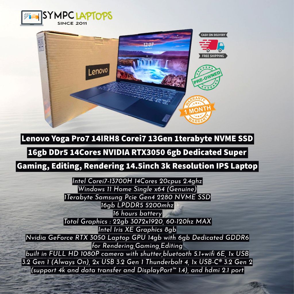 Lenovo Yoga Pro7 14IRH8 Corei7 13Gen 1terabyte NVME SSD 16gb DDr5 14Cores NVIDIA RTX3050 6gb ...