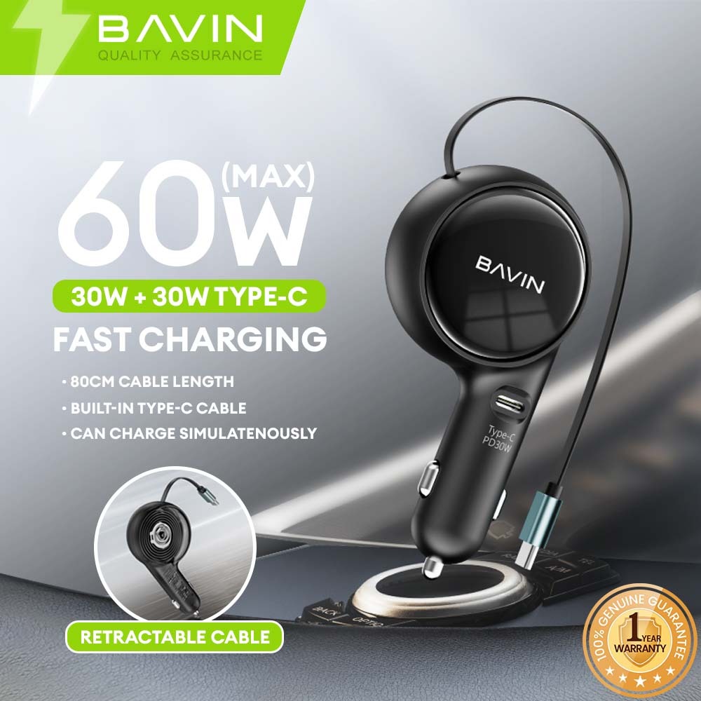 BAVIN PC2022 / PC2023 2in1 Car Charger 30W Fast Charging Retractable ...