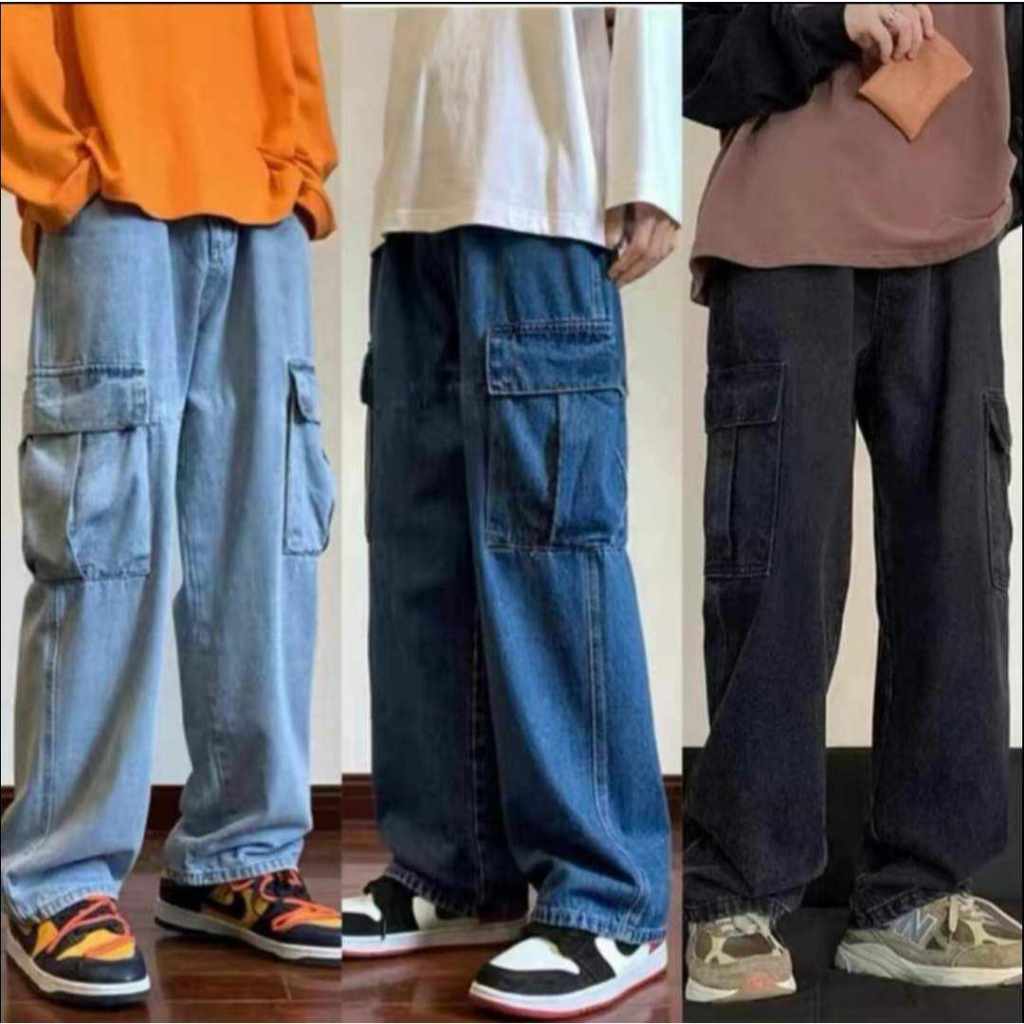 Men Cargo Denim Pants Trend Loose Maong Pants Unisex | Shopee Philippines