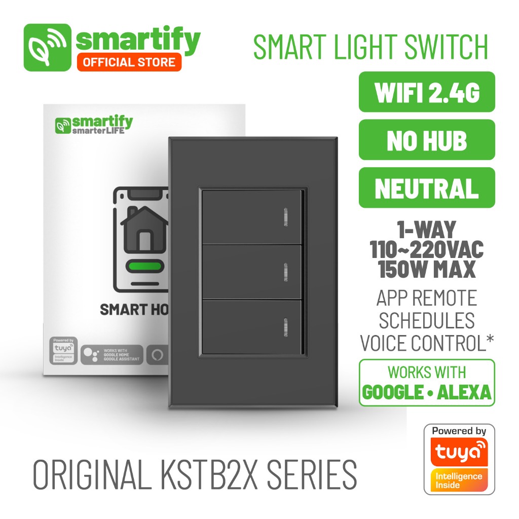 SMARTIFY WIFI Light Switch NEUTRAL BLACK (KSTB2X NO Hub 220V L+N 1/2/3 Gang) TUYA Google Alexa ...