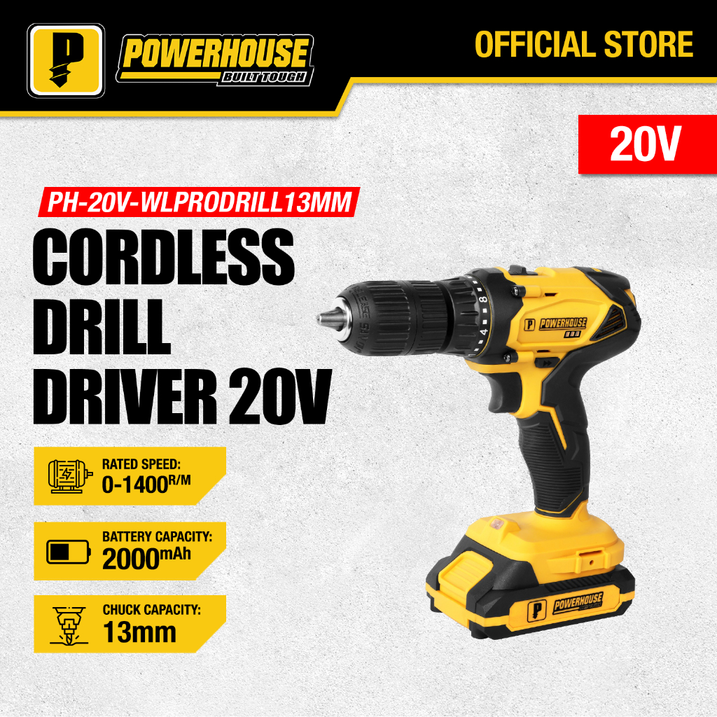 Powerhouse Cordless Drill Driver 20V 13mm Drill Chuck 2.0Ah Li-Ion Ph-20v-Wlprodrill 3MM Phpt ...
