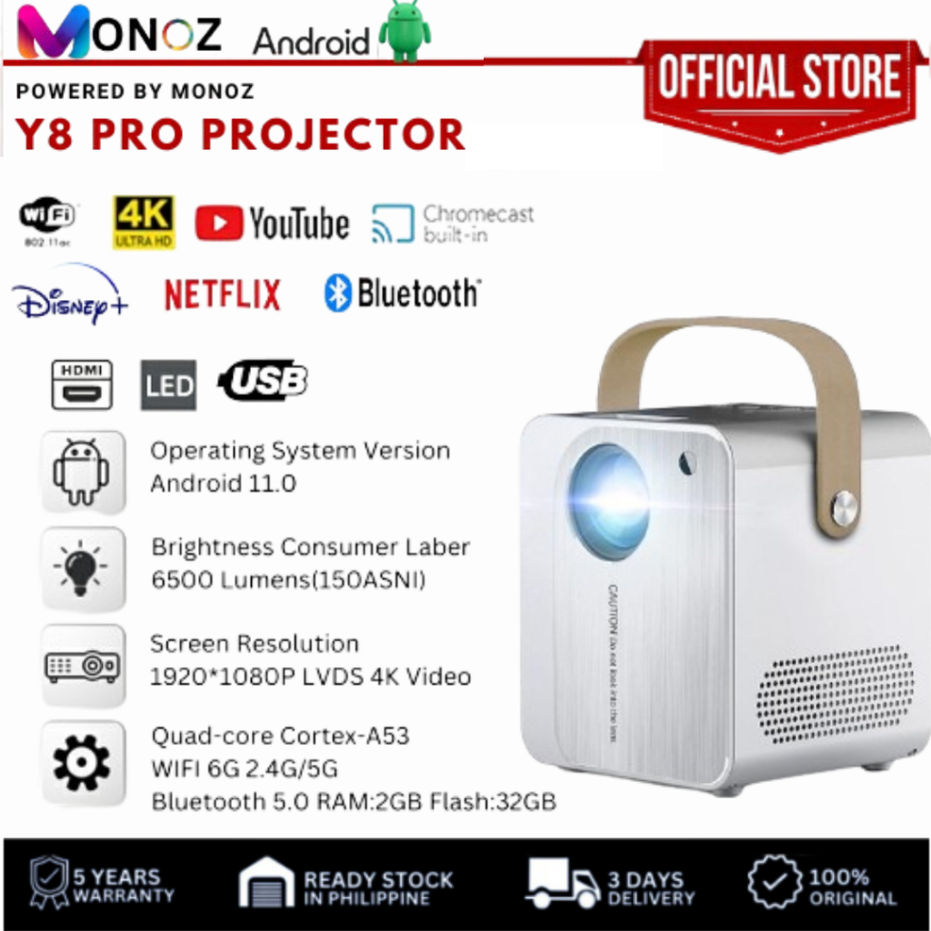 Projector Y8 Portable Smart Mini 6000 Lumens 4K HD 1080P Projector WiFi ...