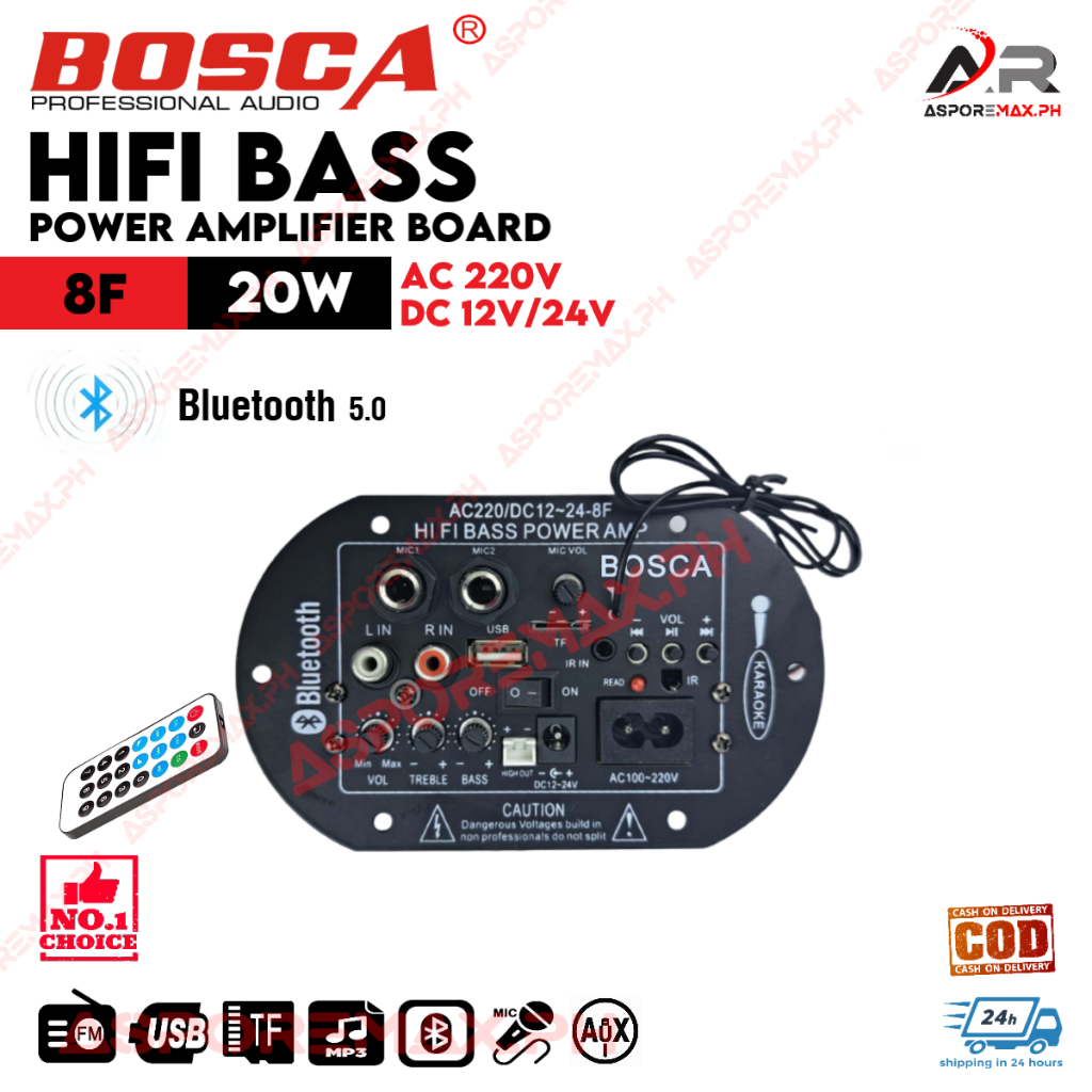Bosca 8F HIFI Bass Power Amplifier Board AC220V DC12V/24V Car Bluetooth ...