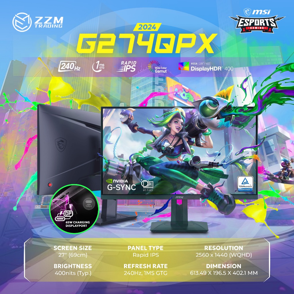 MSI G274QPX 27" 16:9 2560x1440 (WQHD ) 240Hz 1ms Rapid IPS HDR400 65W ...