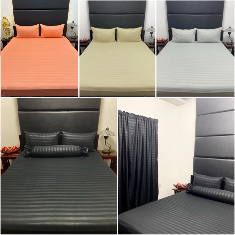 3IN1 FULLY GARTERIZE STRIPE PLAIN BEDSHEET WITH 2 PILLOW CASE ADD ONS ...
