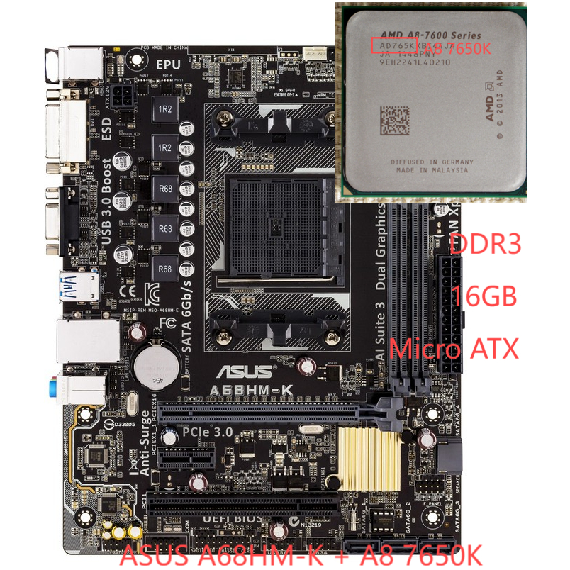 A68HM AMD DDR3 FM2 FM2+ ASUS A68HM-K + A8 7650K motherboard DVI/VGA ...