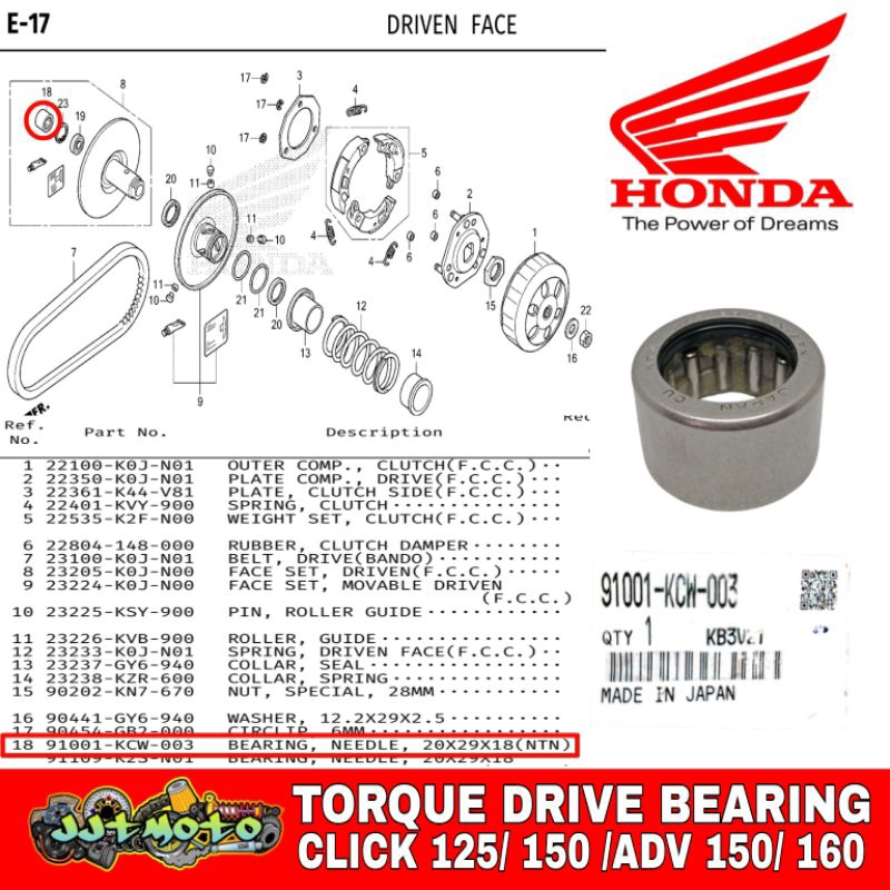 HONDA TORQUE DRIVE BEARING (CLICK 125/150/ ADV150/160) 91001-KCW-003 ...