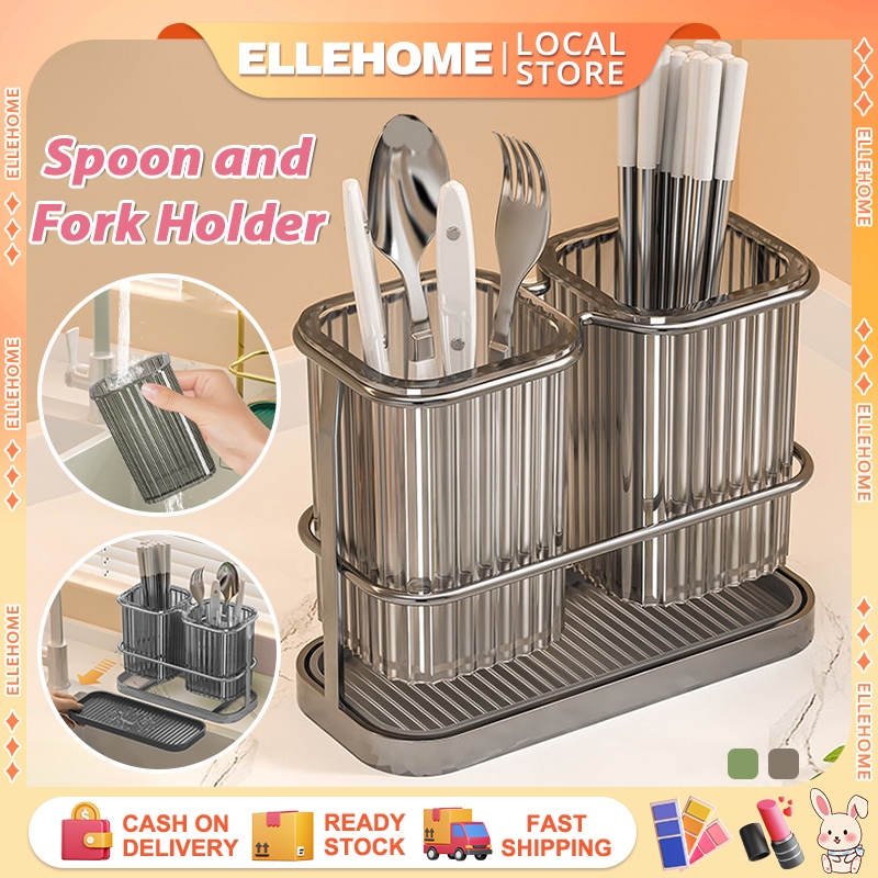 Spoon and Fork Holder Plastic Utensil Organizer with Drain Tray Kitchen ...