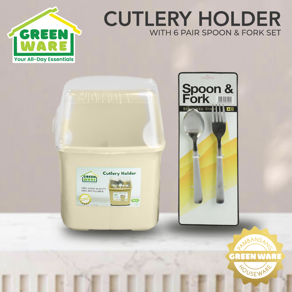GREENWARE Cutlery Holder with 6 Pairs Stainless Spoon & Fork Set /HW-21 ...