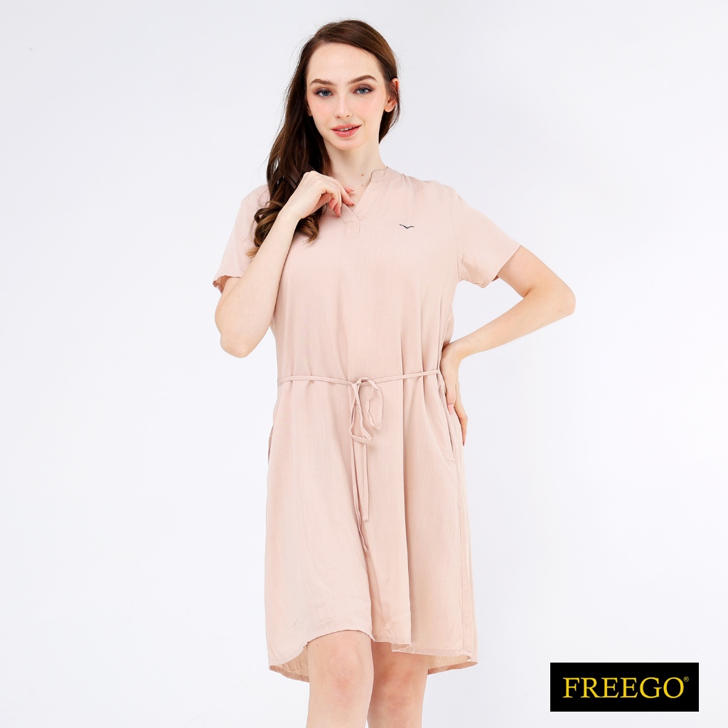Freego Ladies Woven Plain Soft Linen Short Sleeve Dress AST08-0078 ...