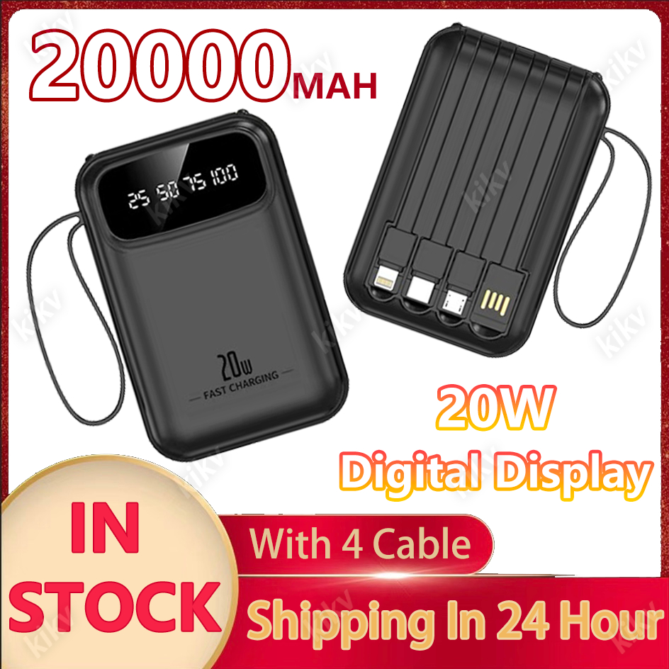 100% Original Powerbank 20000mah Fast Charge Built-in 4 Cables With LED ...