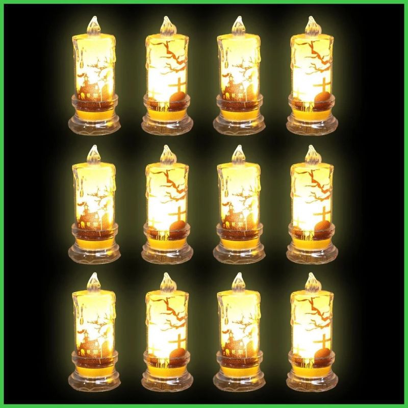 Flameless candle lights spooky decor Halloween theme led (12pcs ...