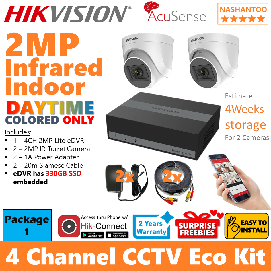 HIKVISION 4CH 2Cameras 2MP AcuSense Audio IR Indoor 4CH DIY CCTV eDVR ...