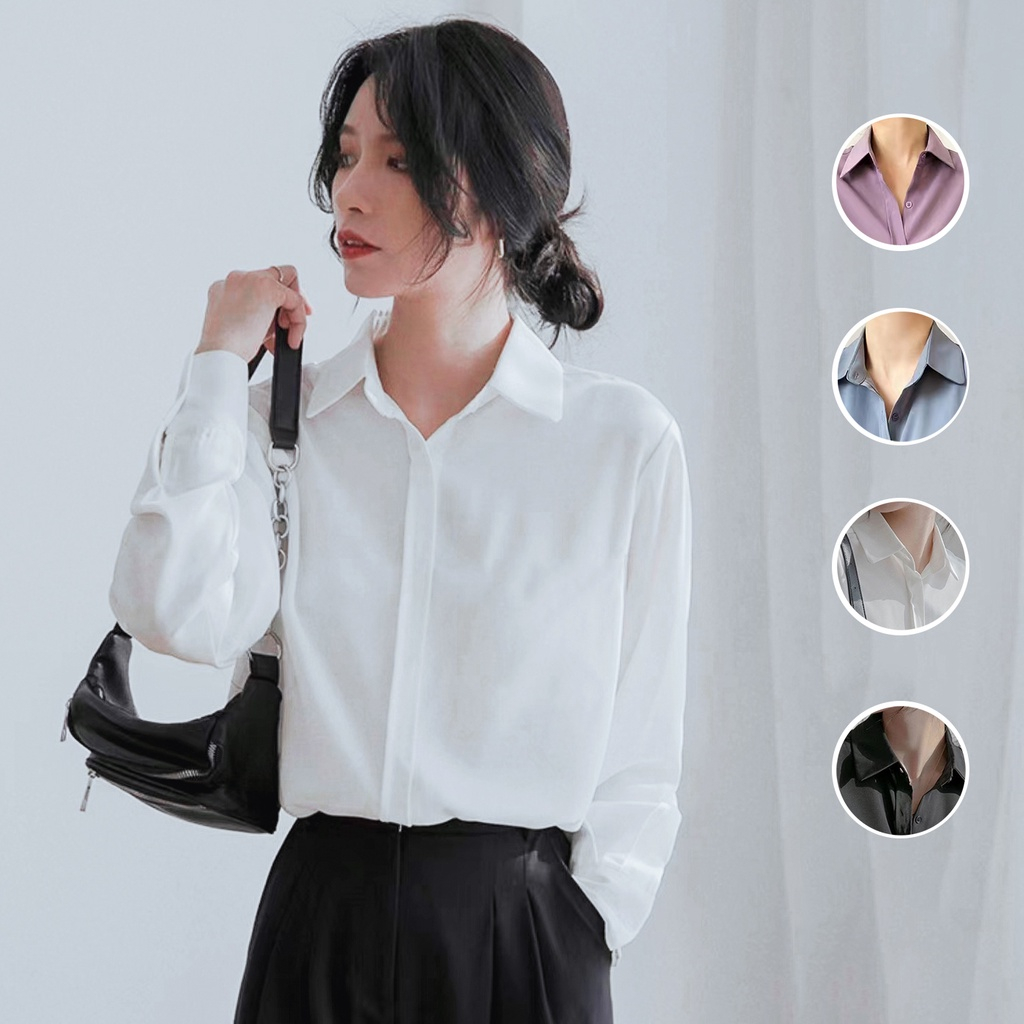 Long Sleeve Polo Shirt for women work Formal shirt Classic Korean plain casual Business white ...
