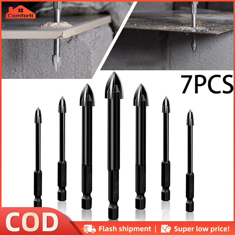 7pcs Glass Concrete Drill Bit Set 3-12mm Cross Hex Tile Ceramic Drill ...