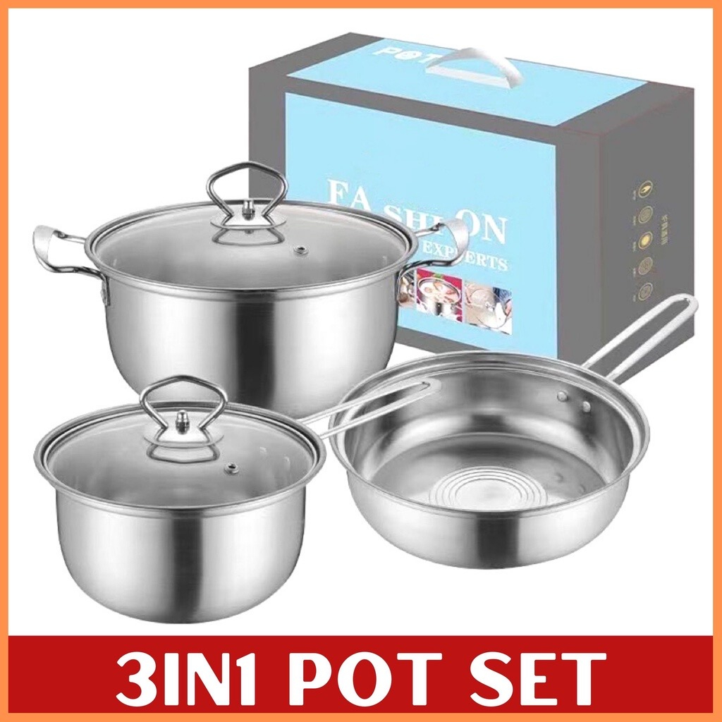 3 Pcs Stainless Steel Kitchenware Cookware Pots and Pan Set | Shopee ...