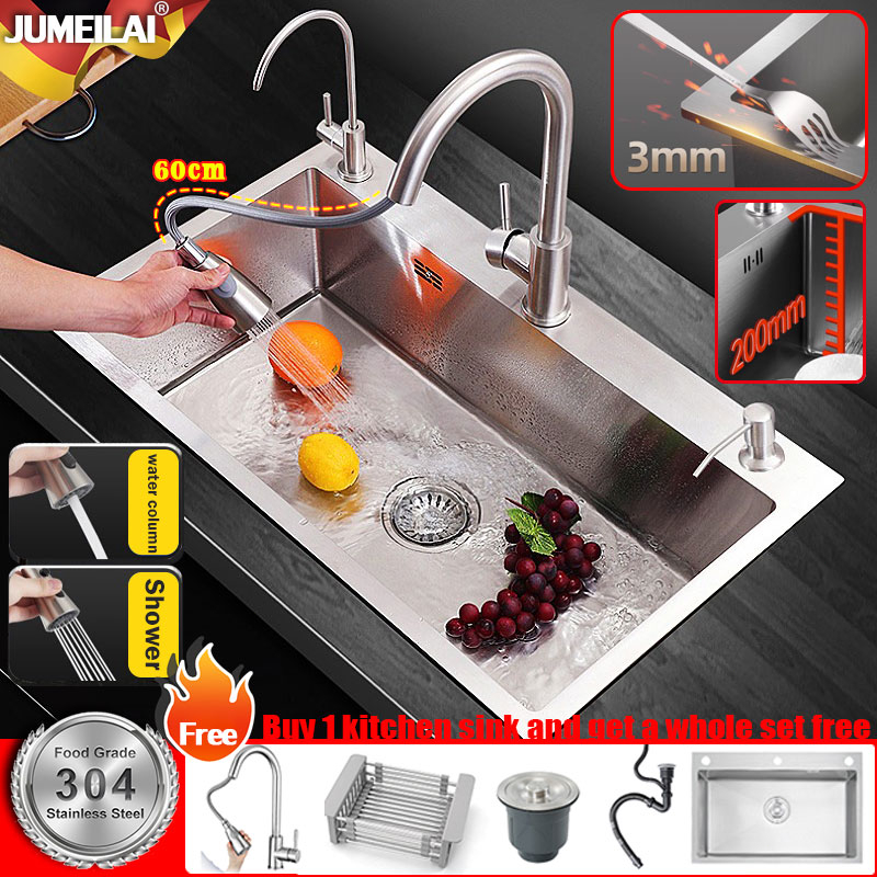 [Free Drain&Basket] Kitchen Sink with faucet complete set 3mm Thick 304 ...