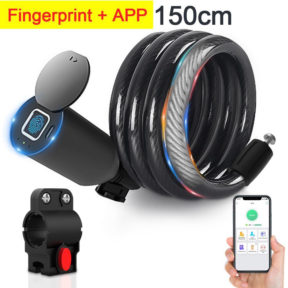 Bike Lock 150cm Fingerprint Phone App Cable Lock Waterproof Anti-Theft ...