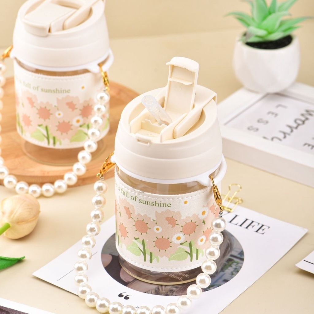 350ML Portable Pearl Chain Coffee Mug Double Drinking Glass Water Cup ...