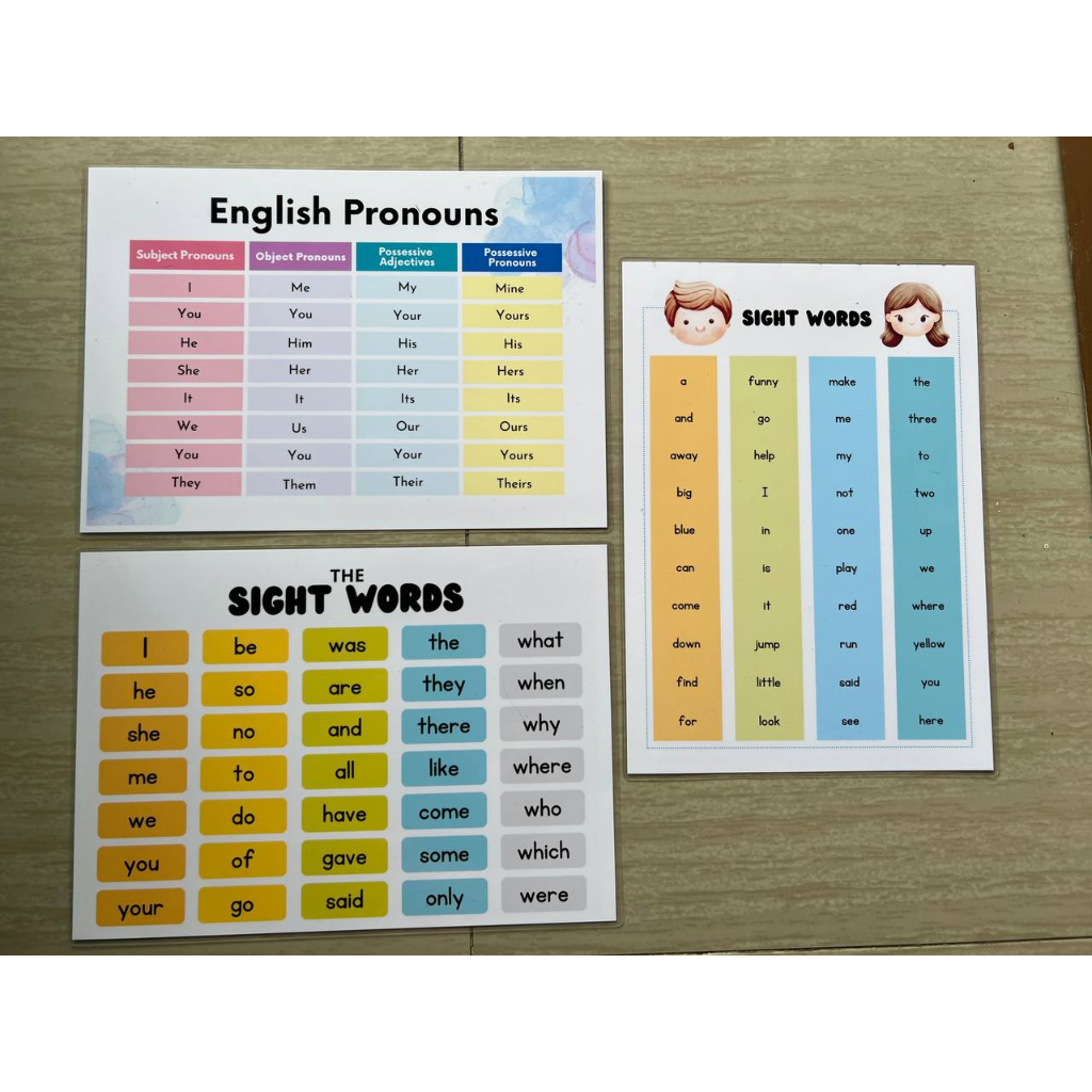Educational learning materials for kids Laminated A4 Size Chart SIGHT WORDS PRONOUNS VOWELS ...