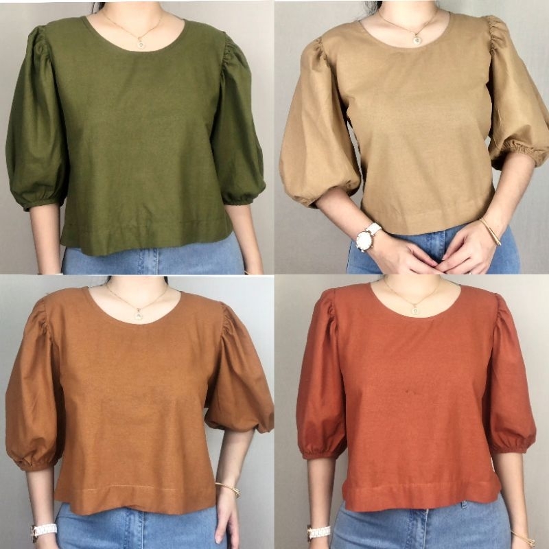 MEHDANG.PH Amelia Round Neck Puff Sleeves Linen Top | Shopee Philippines