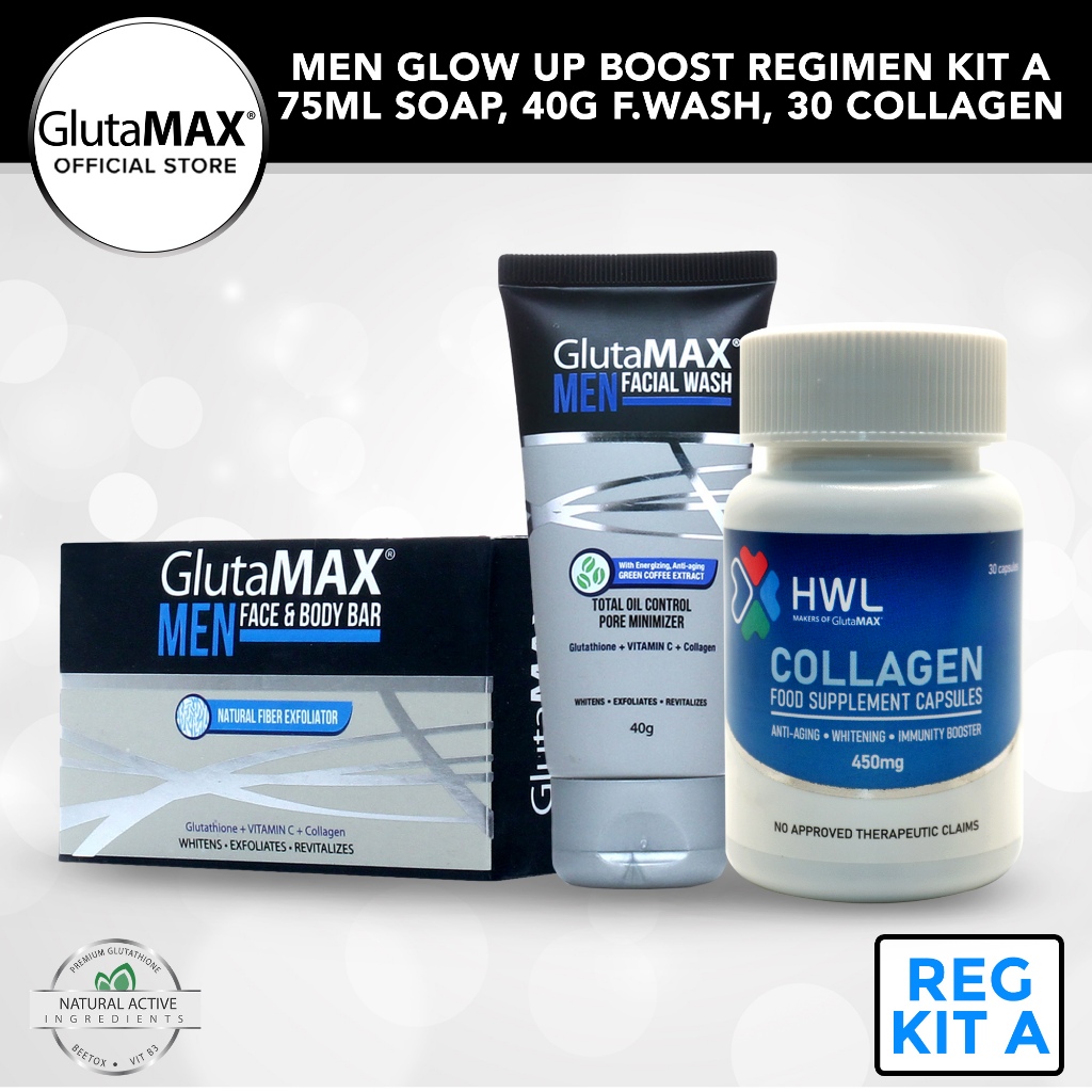 GlutaMAX MEN Glow-Up Boost Regimen Kit A - Body Bar, Facial Wash & Collagen Capsule w ...