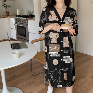 Korean style Daster cotton V-neck cardigan fashionable nightgown ...