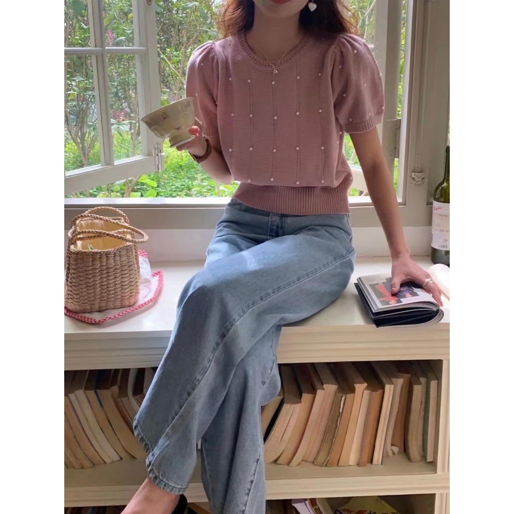 Jolly Chic Pearl Detail Solid Knitted Top M1132 | Shopee Philippines