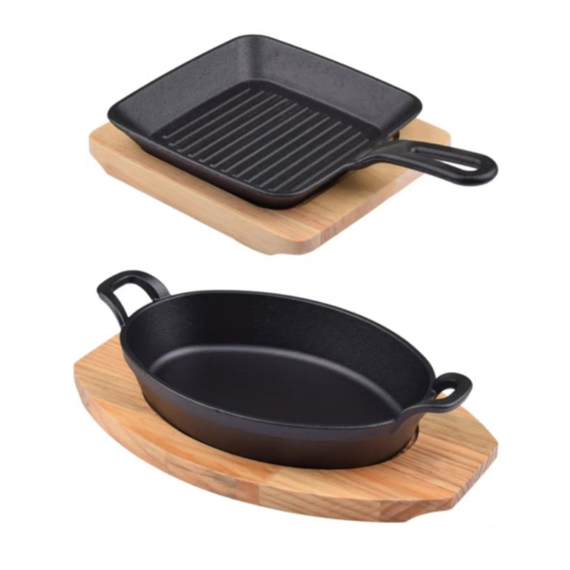 Sizzling with Wood Base Round and Square BBQ Grill Sizzling Plate Cast ...
