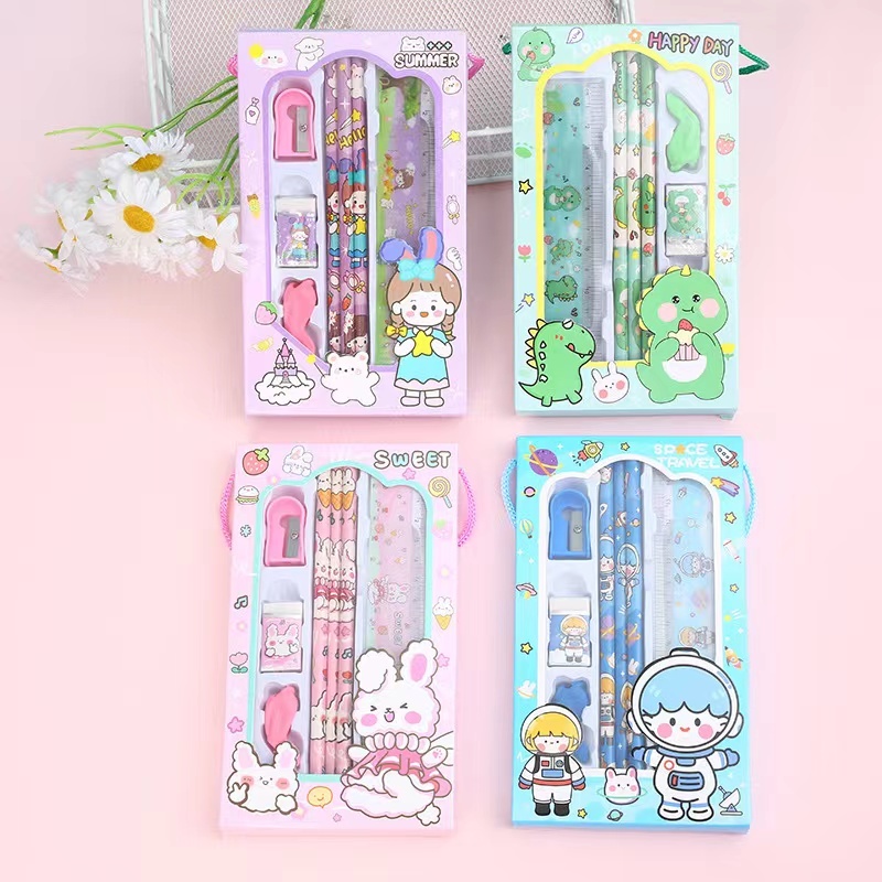 7 in 1 Cartoon Animals Pencil Ruler Eraser Sharpener Stationery Set ...
