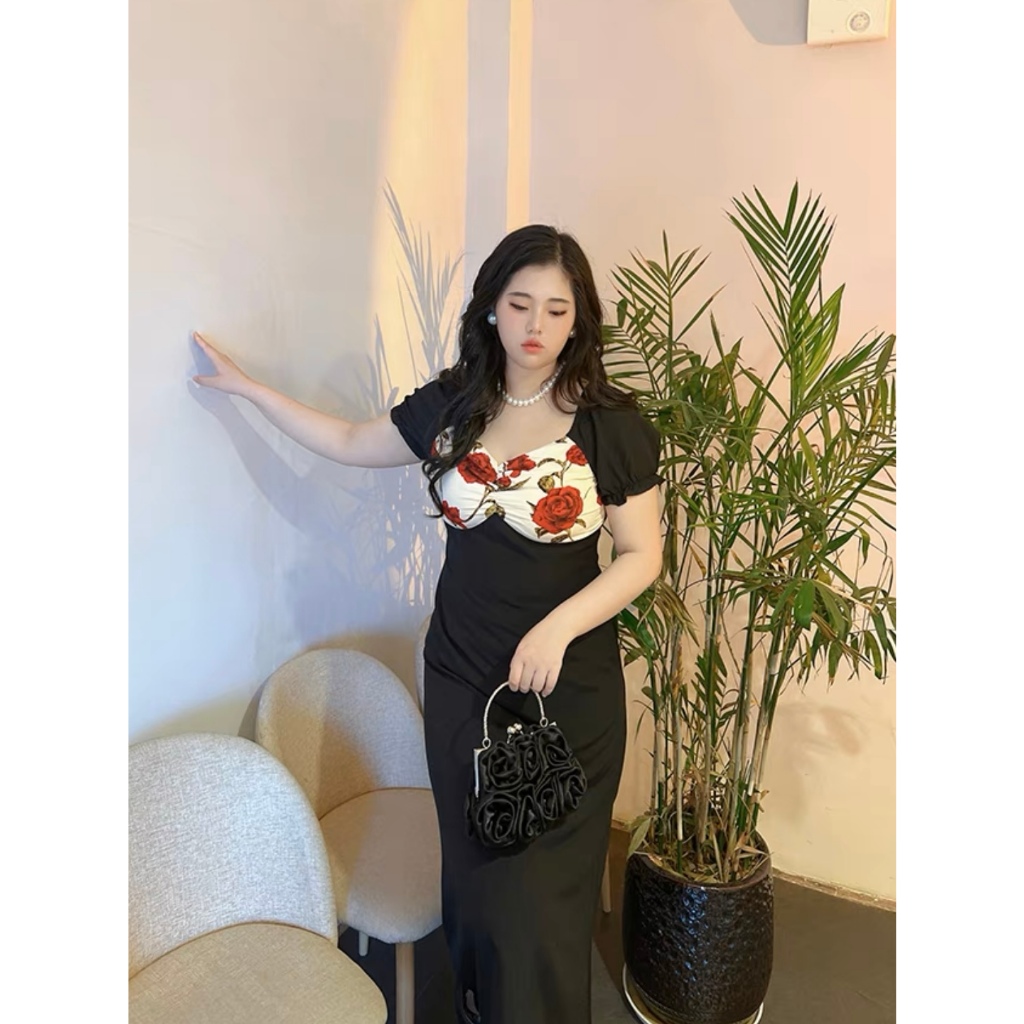 A3207 Miss Muse Elastic Sleeve Floral Combo Plus Size Dress | Shopee ...