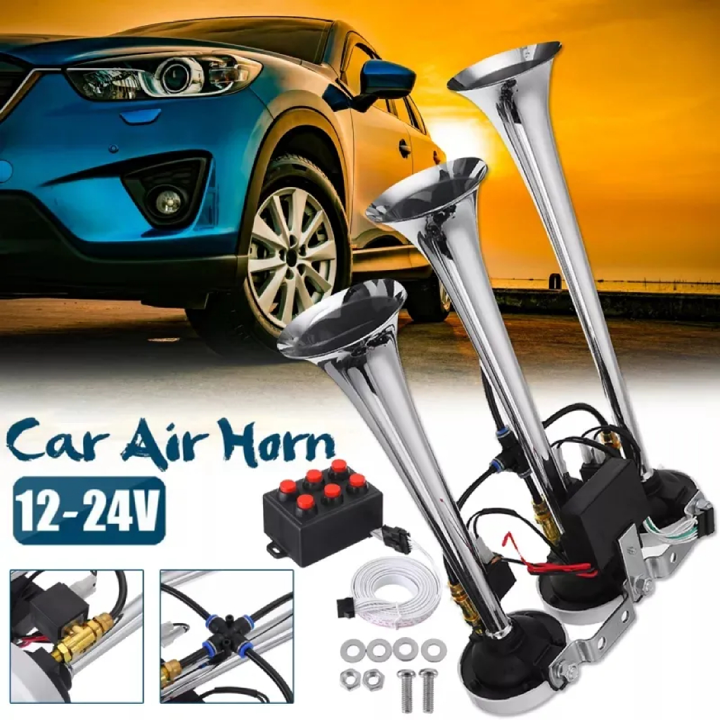 Universal 12V/24V 3 Trumpet 6-Tune Super Loud Air Horn Kit Car Truck ...