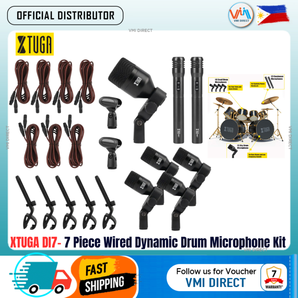 XTUGA DI7 7-Piece Wired Dynamic Drum Mic Kit (Whole Metal) Kick Bass ...