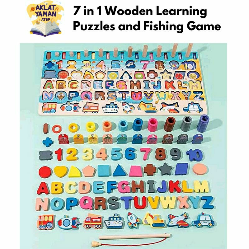 7 in 1 Wooden Learning Puzzles and Fishing Game (Alphabets, Numbers ...