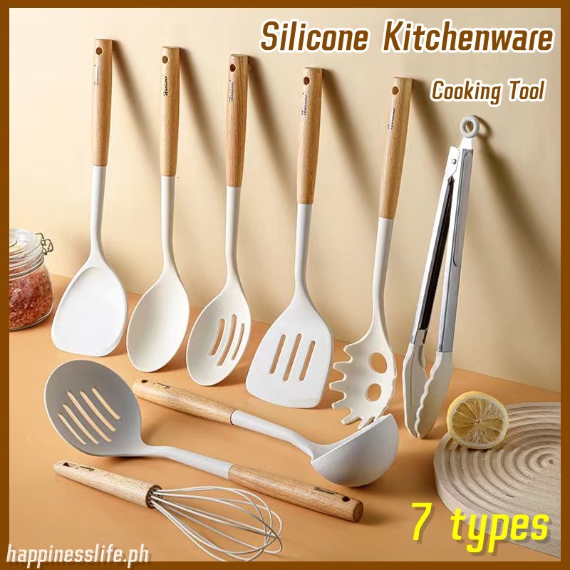 White Silicone Kitchenware Cooking Tool Utensils Set With Wooden ...
