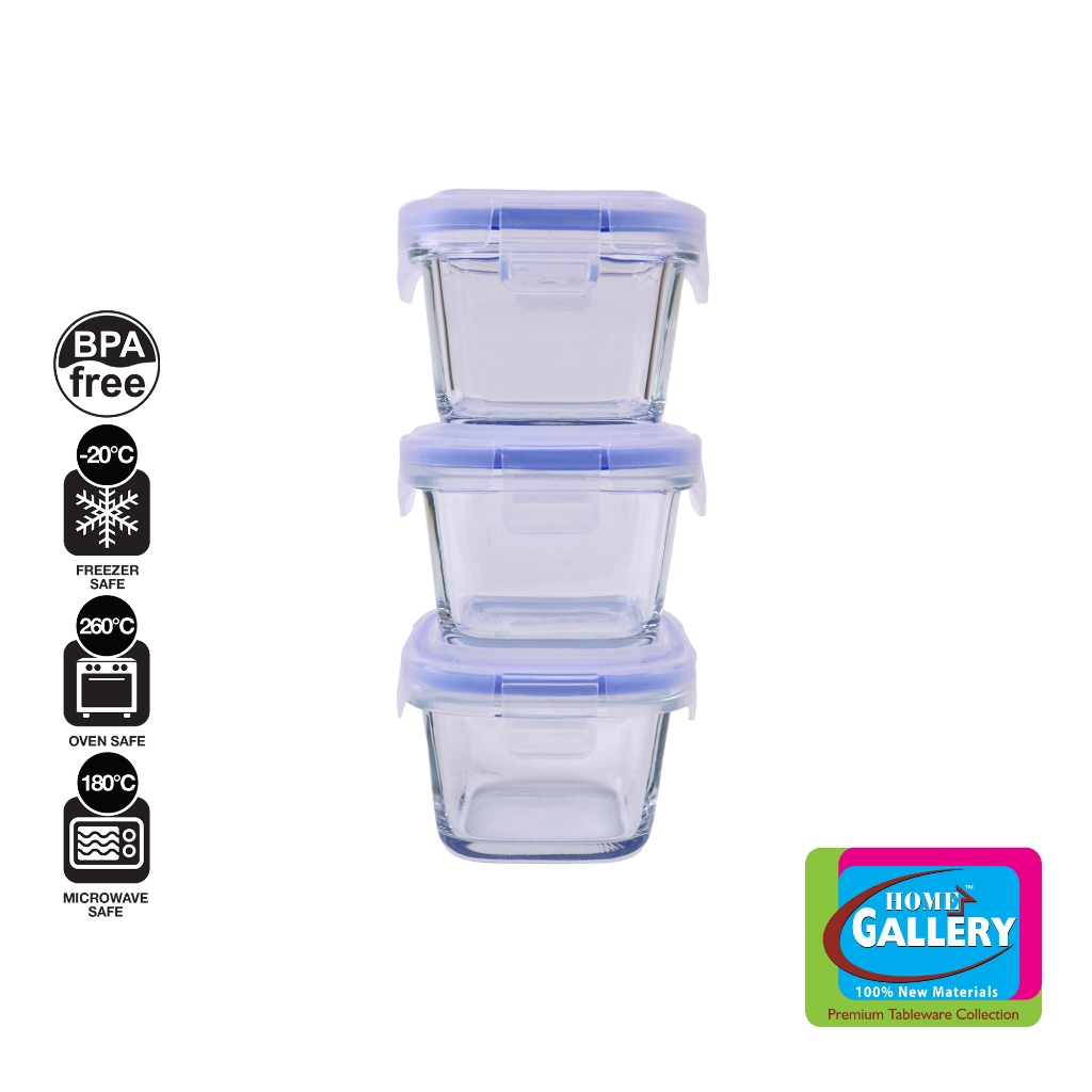 Home Gallery Pure Borosilicate Square Food Keeper 160ml 3pcs Oven Safe ...