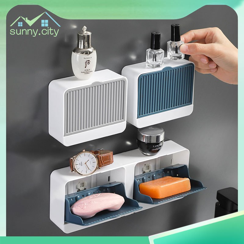 Wall Mounted Soap Box Double-Grid Soap Holder Box With Cover Lip ...