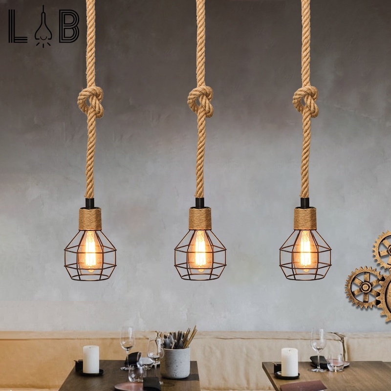 Pendant Light Retro Hemp Rope Iron Cage Drop Light for Bar Counter Cafe ...