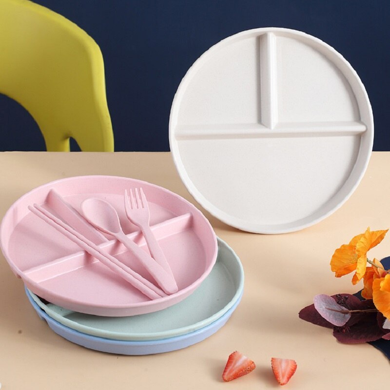 HALLOMALL 1pc Wheat Fiber Dinner Plate 3-Grid Adult Portion Control ...