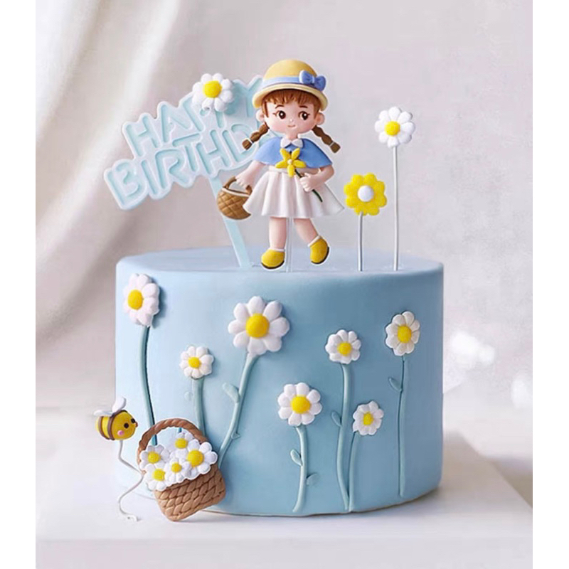 Blue cape girl and yellow white flowers cake toppers | Shopee Philippines