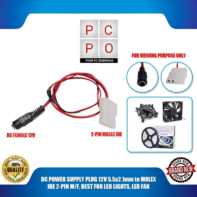 PC PO DC POWER SUPPLY FEMALE PLUG 12V 5.5x2.1mm to 2-PIN MOLEX IDE ...