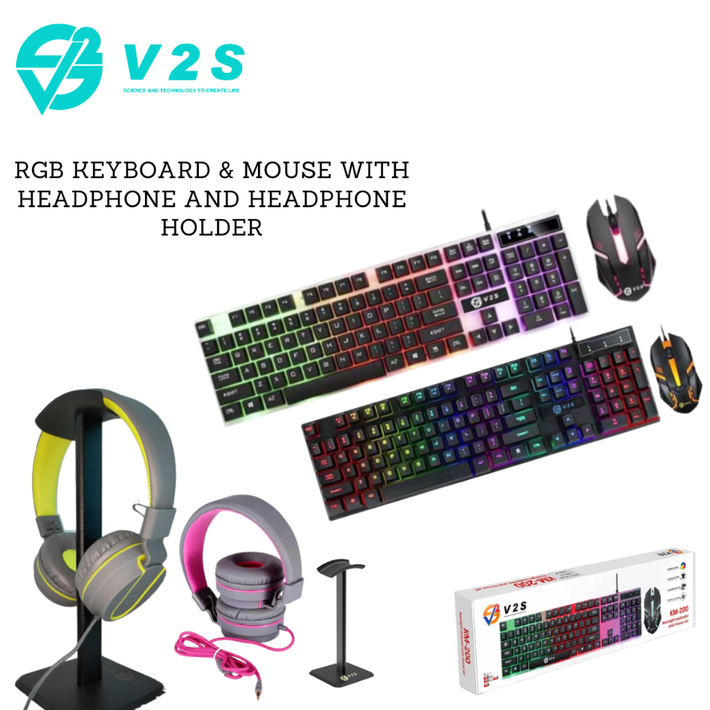 V2S Bundle Set RGB Keyboard And Mouse Set W/ Wired Headphone With Built ...