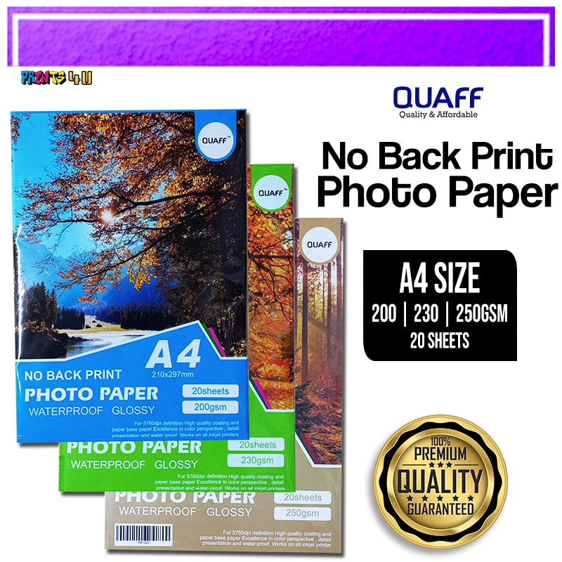 Quaff No Back Print Photo Paper Inkjet Glossy A4 Size 200gsm & 230gsm 20 Sheets Pack | Shopee ...