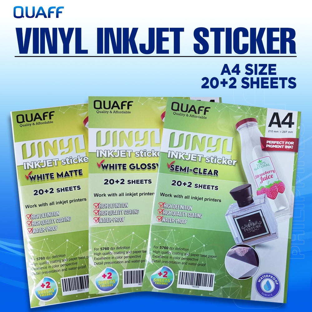 QUAFF Waterproof Vinyl Inkjet A4 Size Semi Clear / White Matte / White Glossy Sticker (22 sheets ...