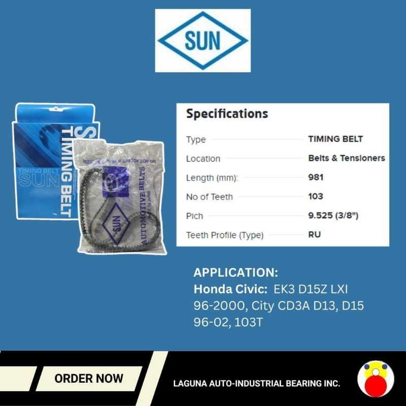 SUN Timing Belt A386RU24MM for Honda Civic EK3 D15Z LXI 96-2000, City ...