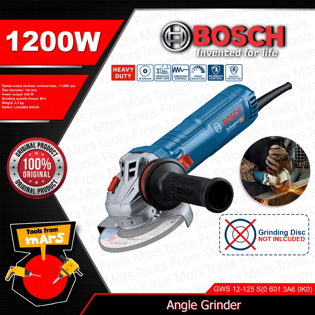 Bosch 5" Inch 1200W Electric Angle Grinder Grinding Machine Wood Cutting GWS 12-125 S TFM-BPT ...
