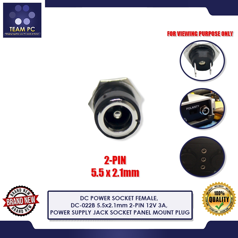 DC POWER SOCKET FEMALE, DC-022B 5.5x2.1mm 2-PIN 12V 3A, POWER SUPPLY ...