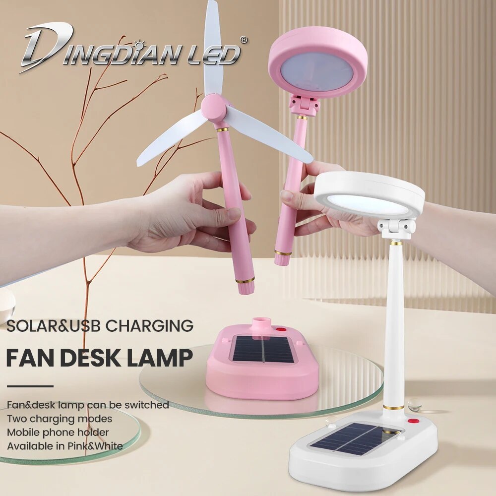 2-in-1 solar USB 2-speed mode rechargeable LED desk lamp with fan light ...